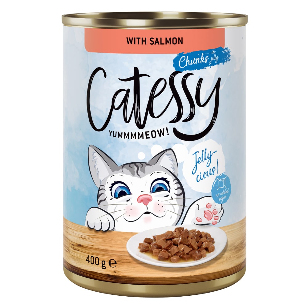 Catessy bitar i sås eller gelé kattmat 12 x 400 g - Lax i gelé - Kattly.se