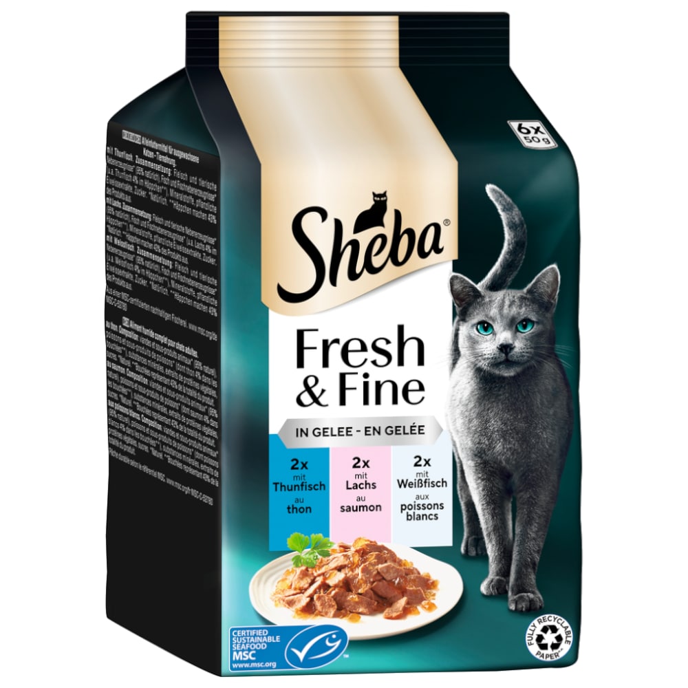 Köp Sheba Fresh & Fine 6 x 50 g - Tonfisk + Lax + Vitfisk i gelé ...